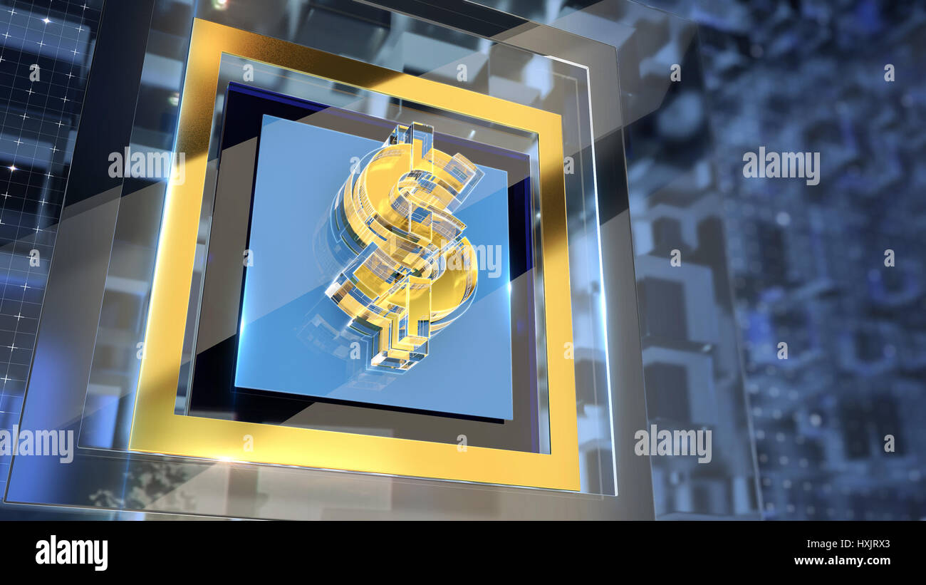Golden glass dollar sign with fractures and glowing edges on high tech ...