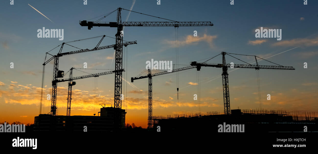 Silhouette of high construction site cranes at sunrise near Amsterdam ...