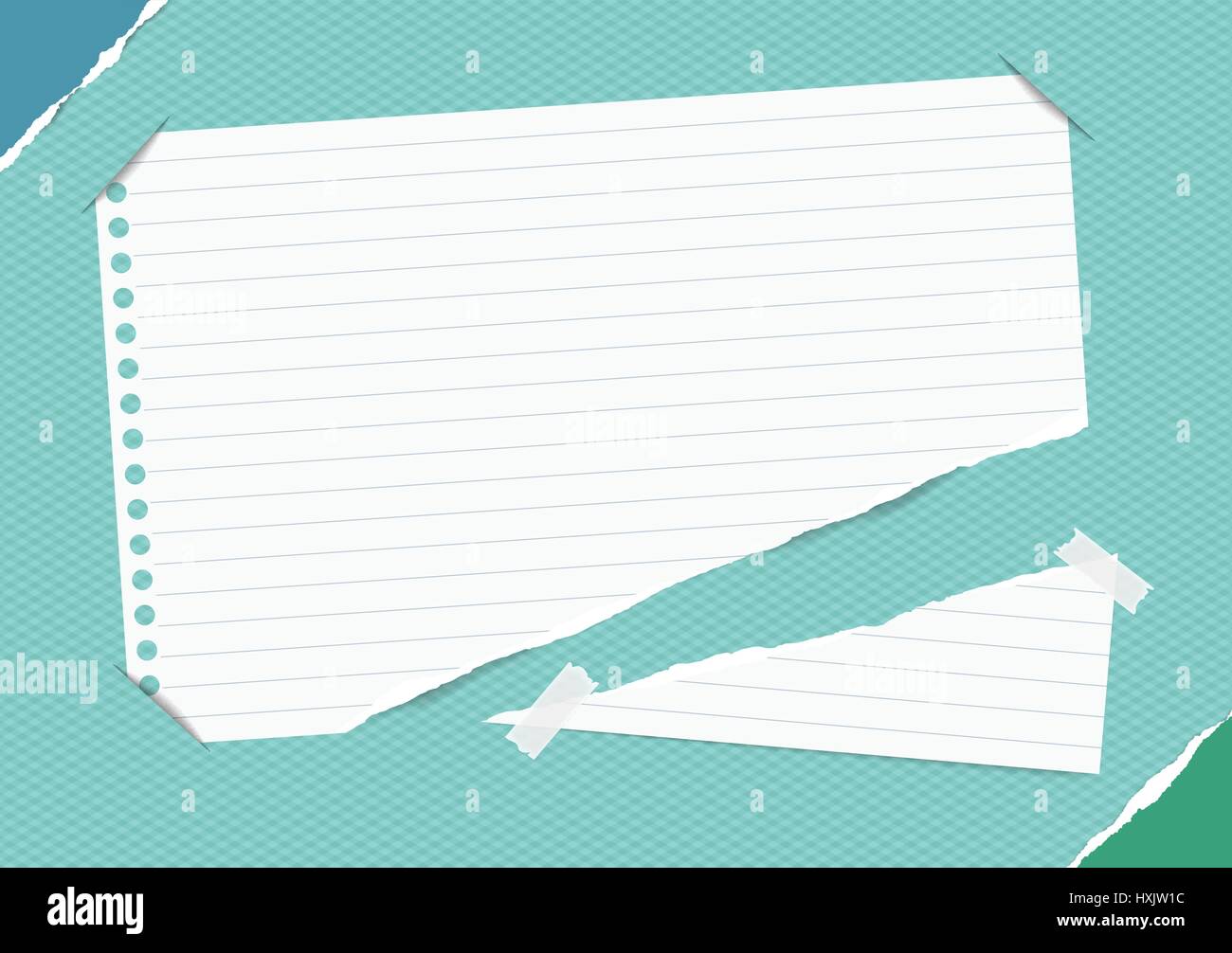 Torn ruled note, copybook, notebook sheet inserted into blue squared ...