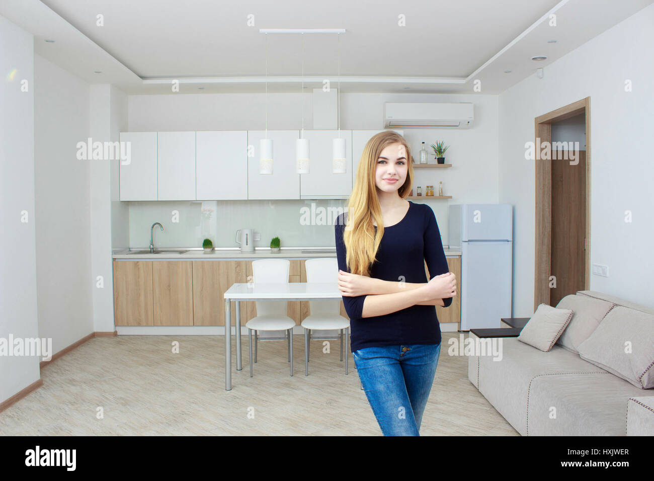 Real estate agent presenting modern house to client, woman Shows the ...