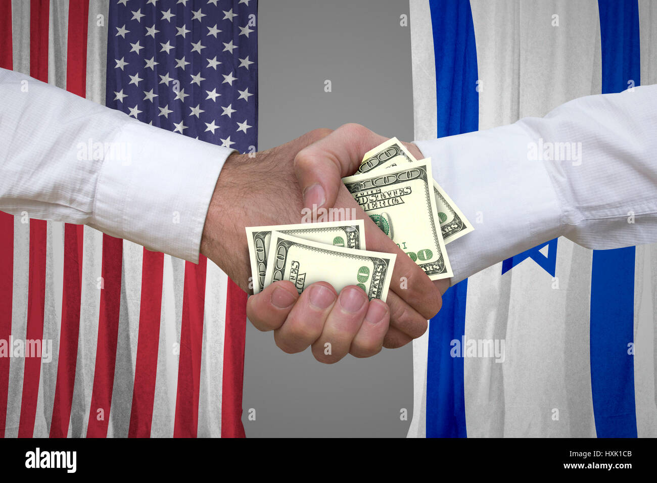 100 dollar bills handshake with USA and Israeli flags background Stock ...
