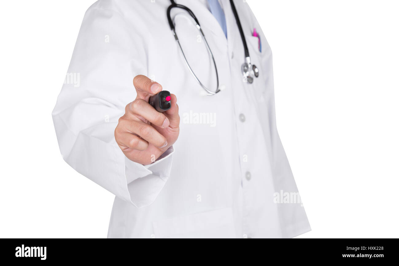 Doctor writing something in the air with marker isolate on white ...