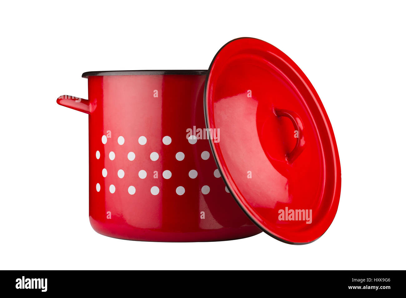 front view of a large metallic classic cooking red pot with cover by ...