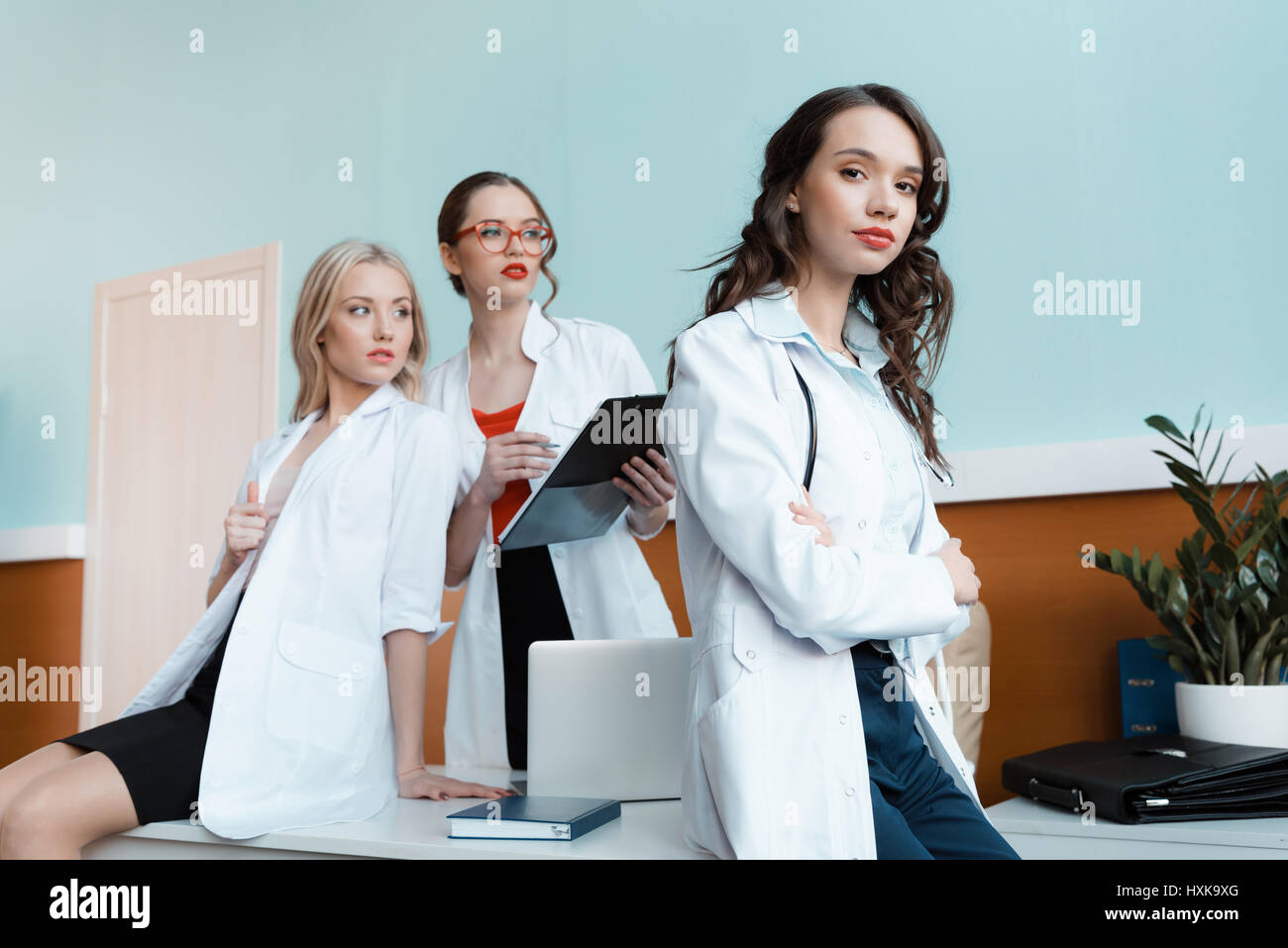 low angle view of professional doctors at workplace in cabinet Stock ...