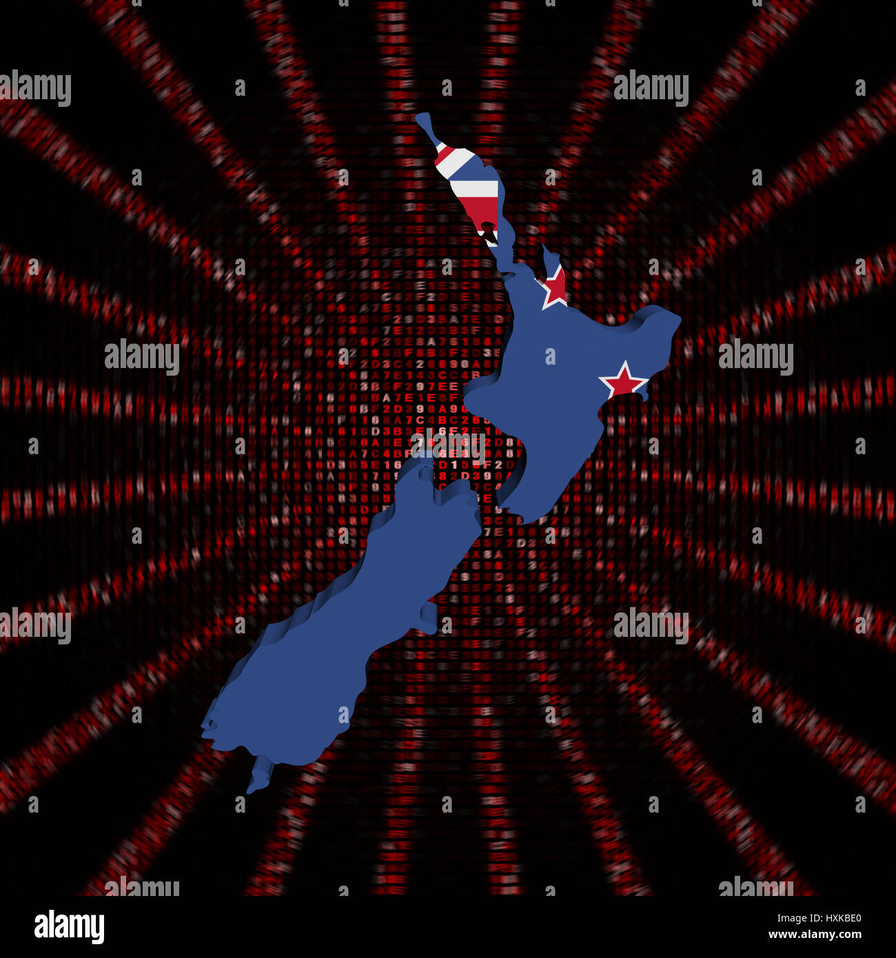 New Zealand map flag on red hex code burst illustration Stock Photo - Alamy