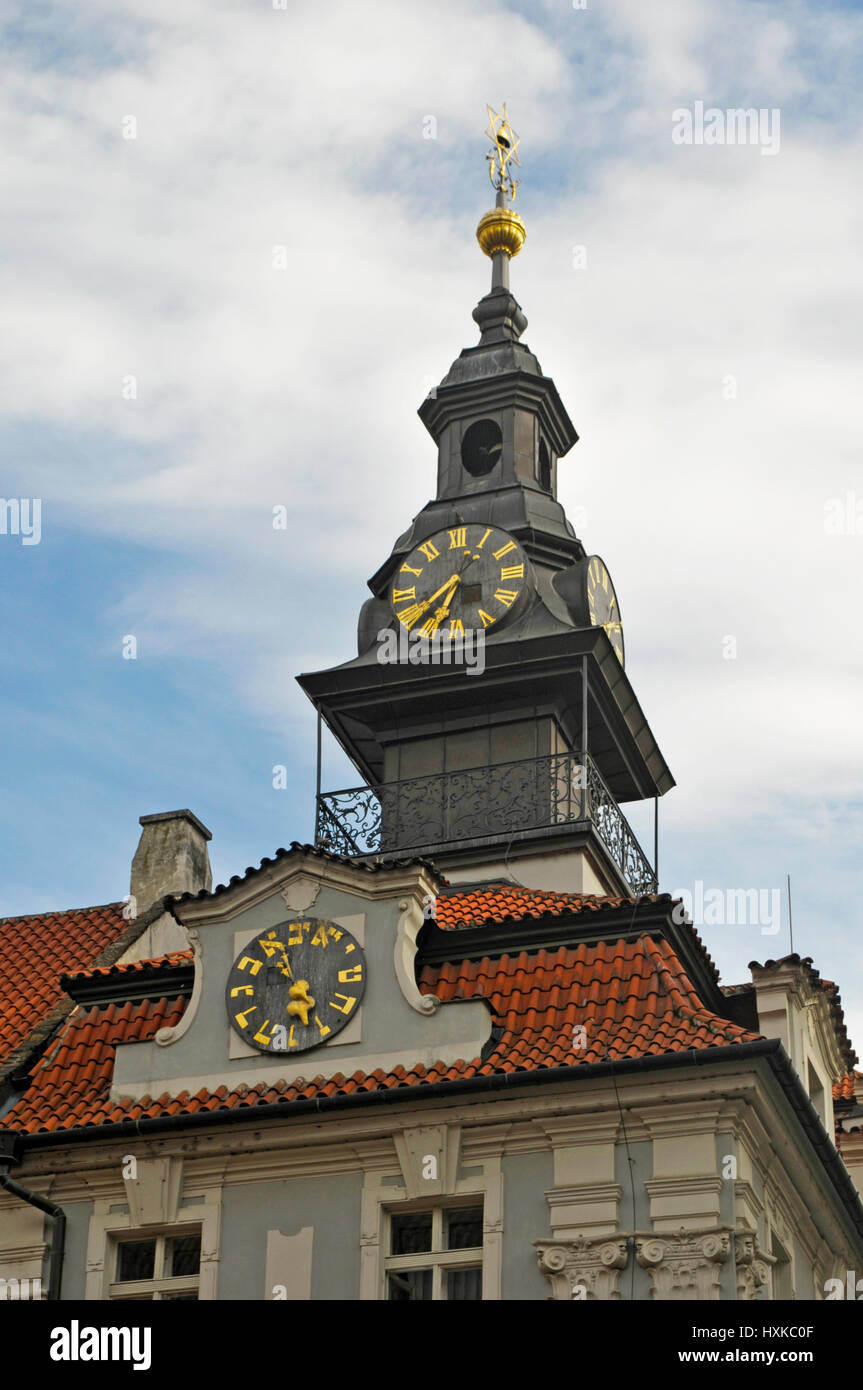 clock tower of the High Synagogue and former Jewish Town hall in Prague ...