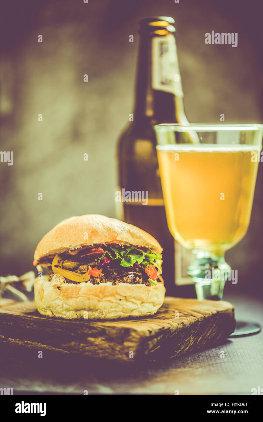 gastro pub local food, bbq burger and Ale beer or cider Stock Photo - Alamy