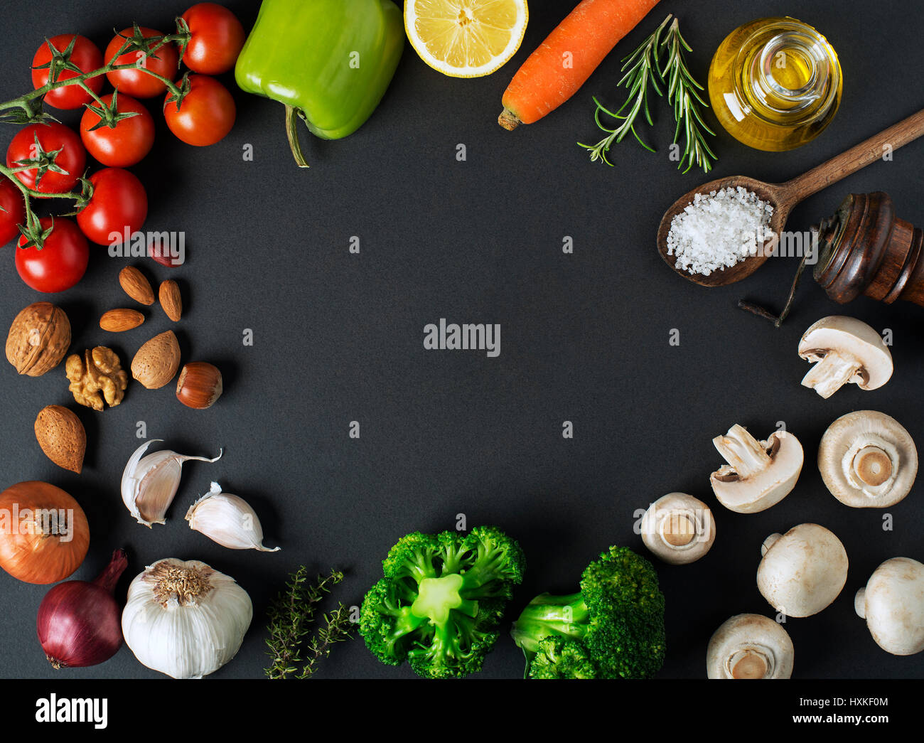 Healthy food ingredients with vegetables and fruits close up Stock ...