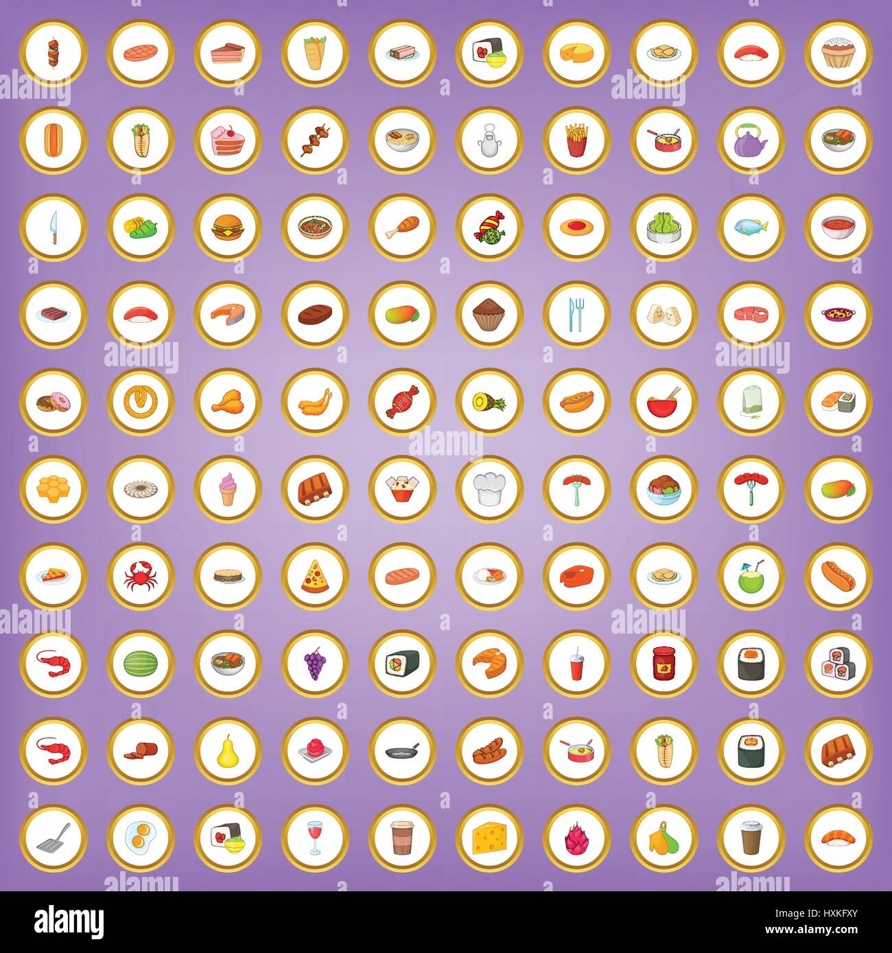 100 delicious dishes icons set in cartoon style Stock Vector Image ...