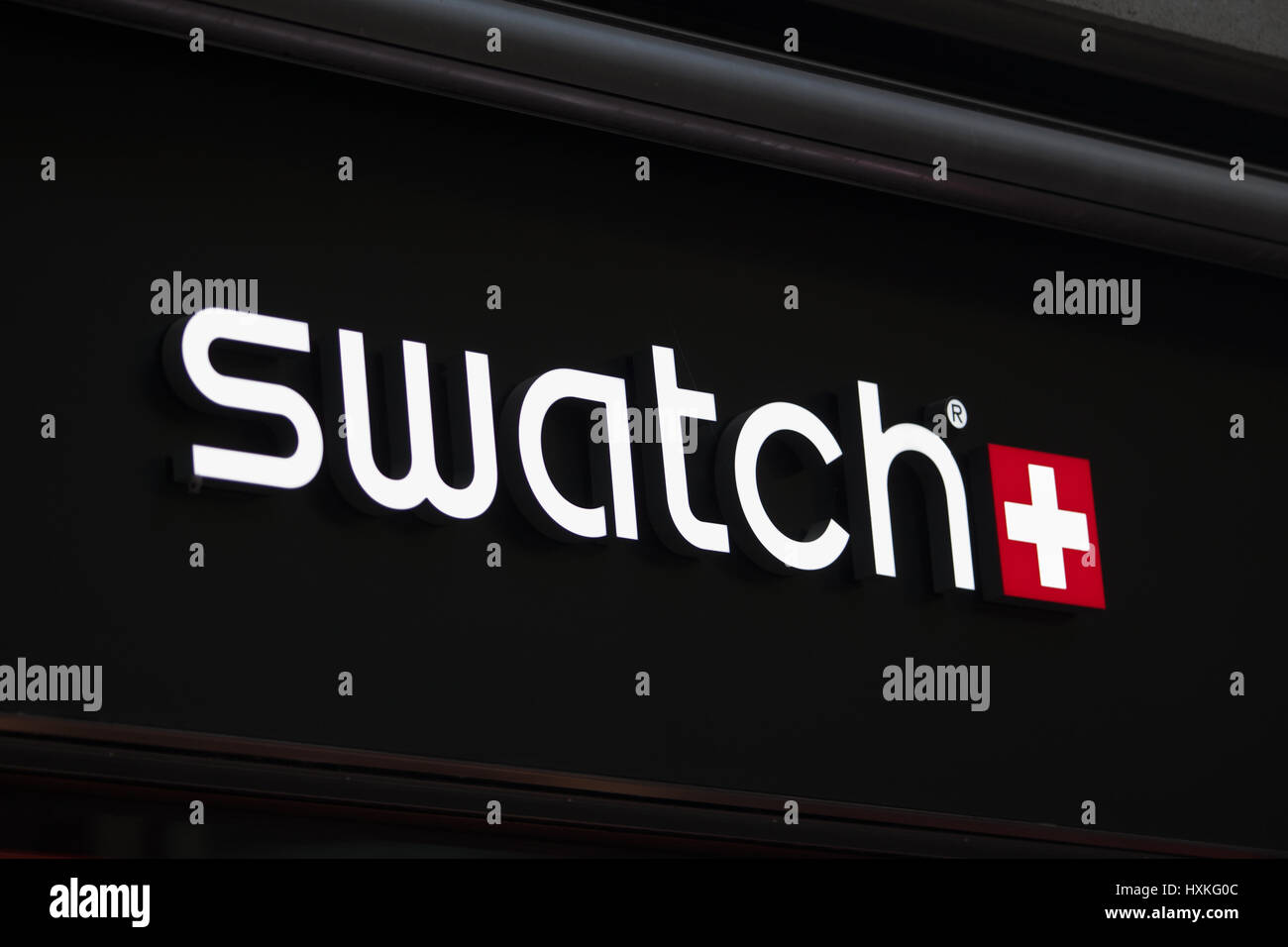 Zurich, Switzerland - 04 November, 2016: Sign of Swatch on building ...