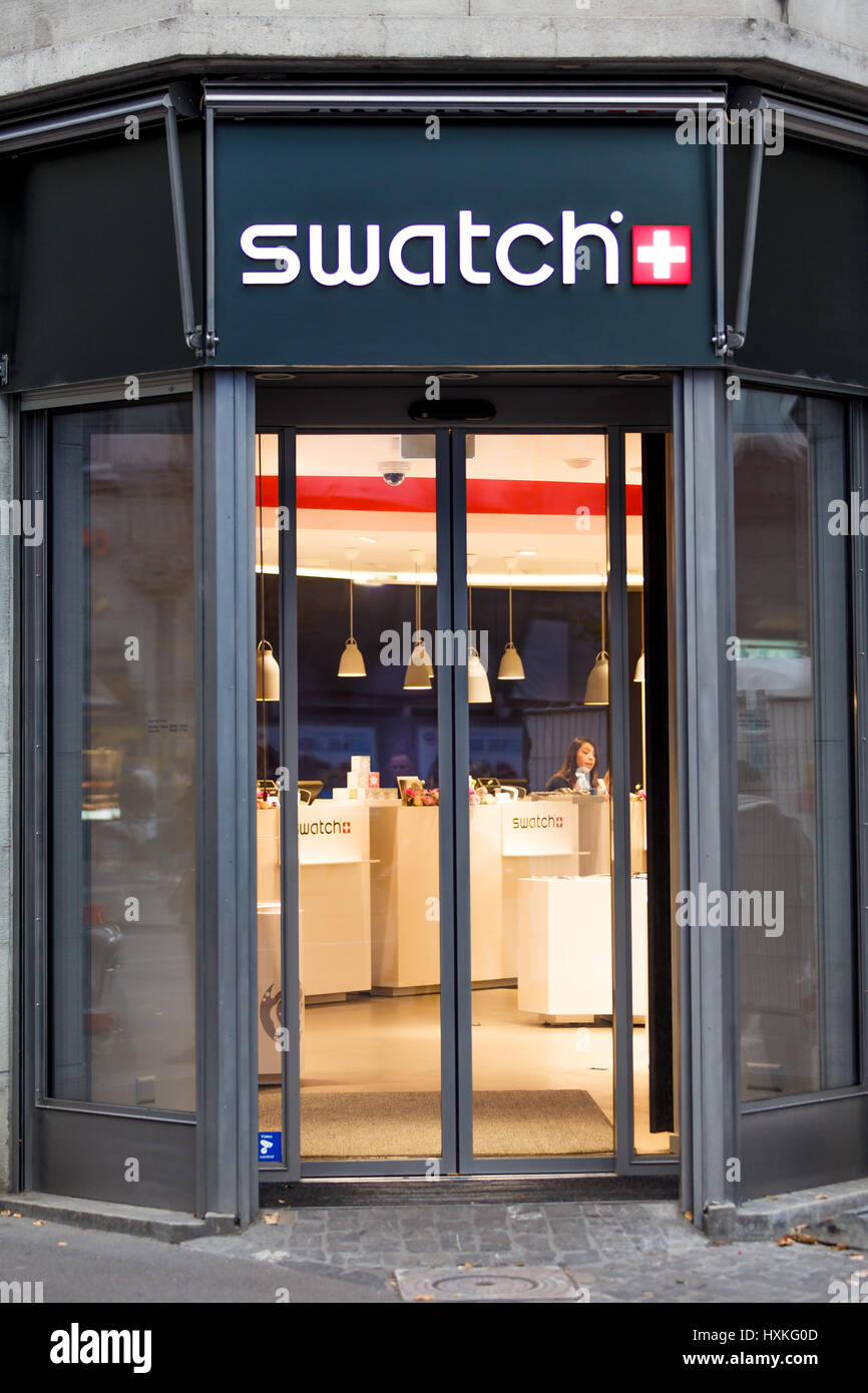 Zurich, Switzerland - 04 November, 2016: Sign of Swatch on building ...