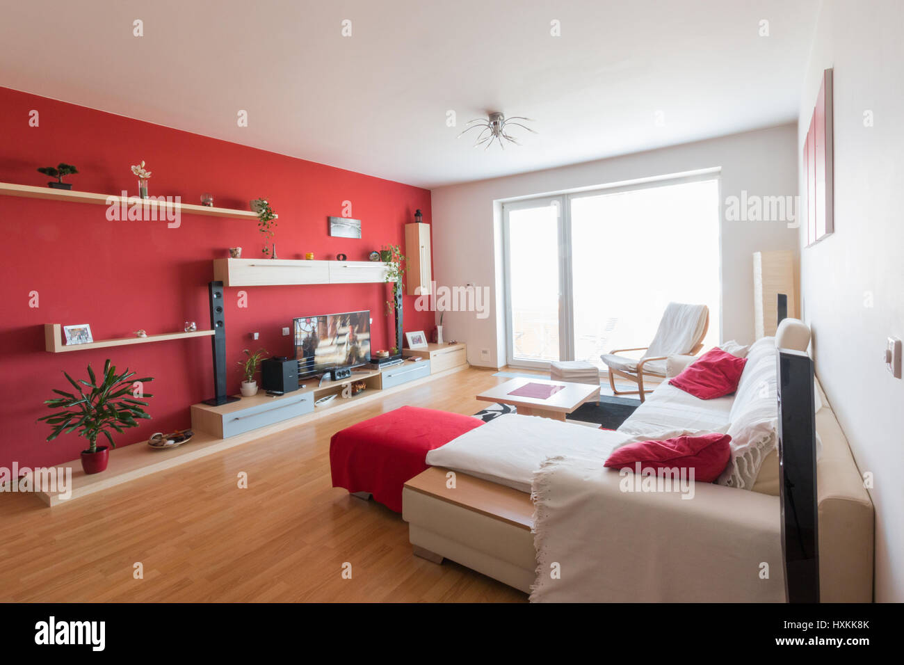 Modern interior design in red, white and black colors Stock Photo - Alamy