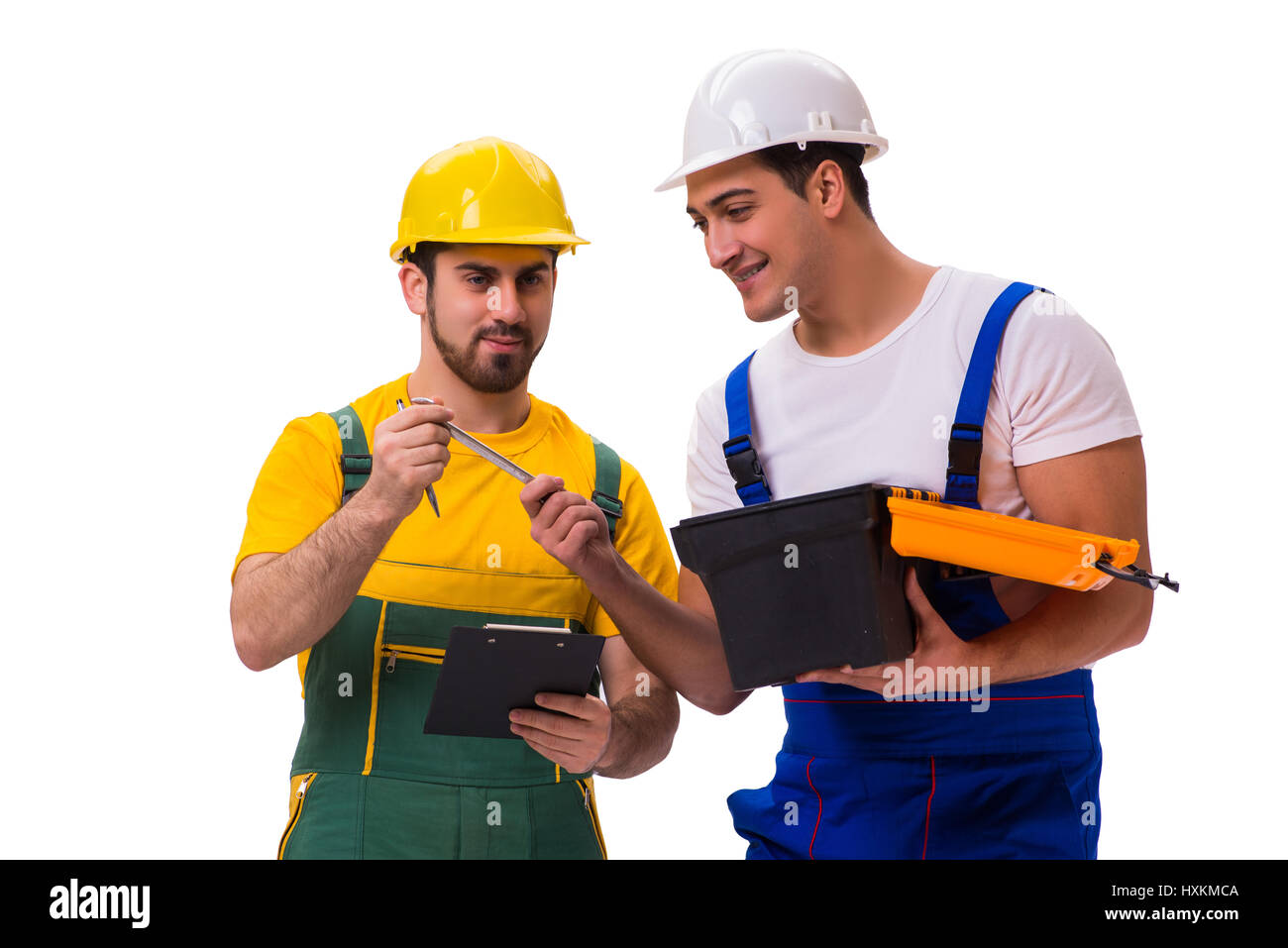 Two workers isolated on the white background Stock Photo - Alamy