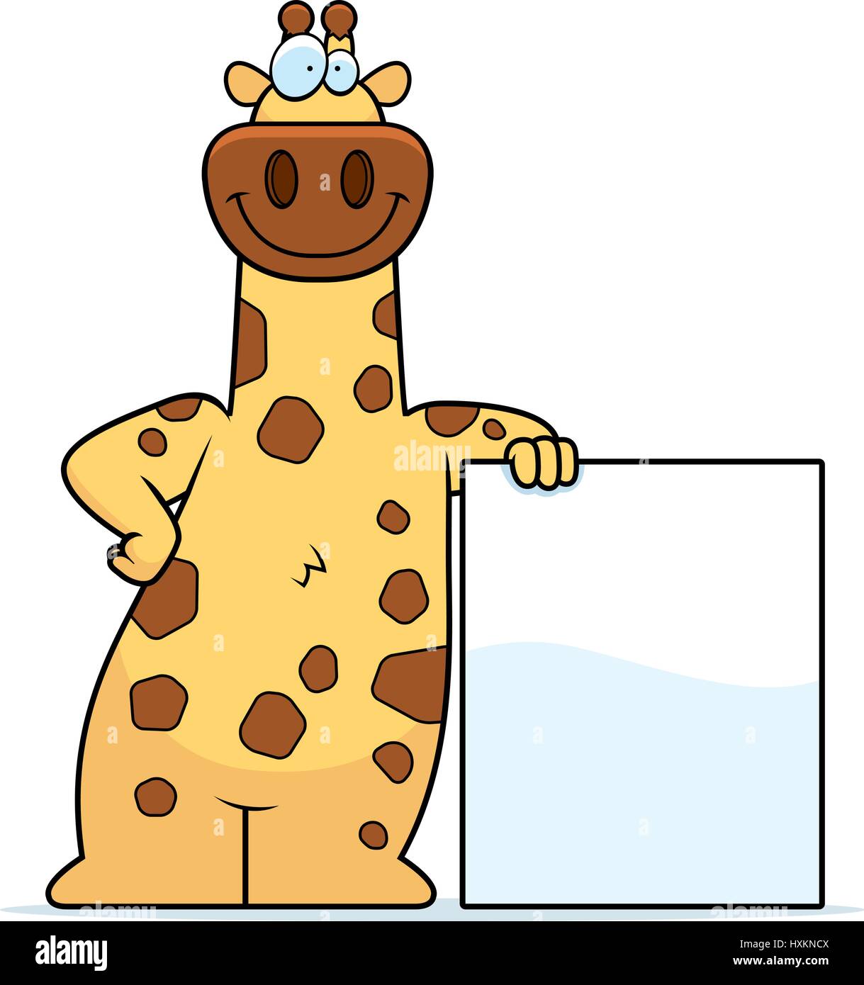 A cartoon illustration of a giraffe leaning against a sign Stock Vector ...