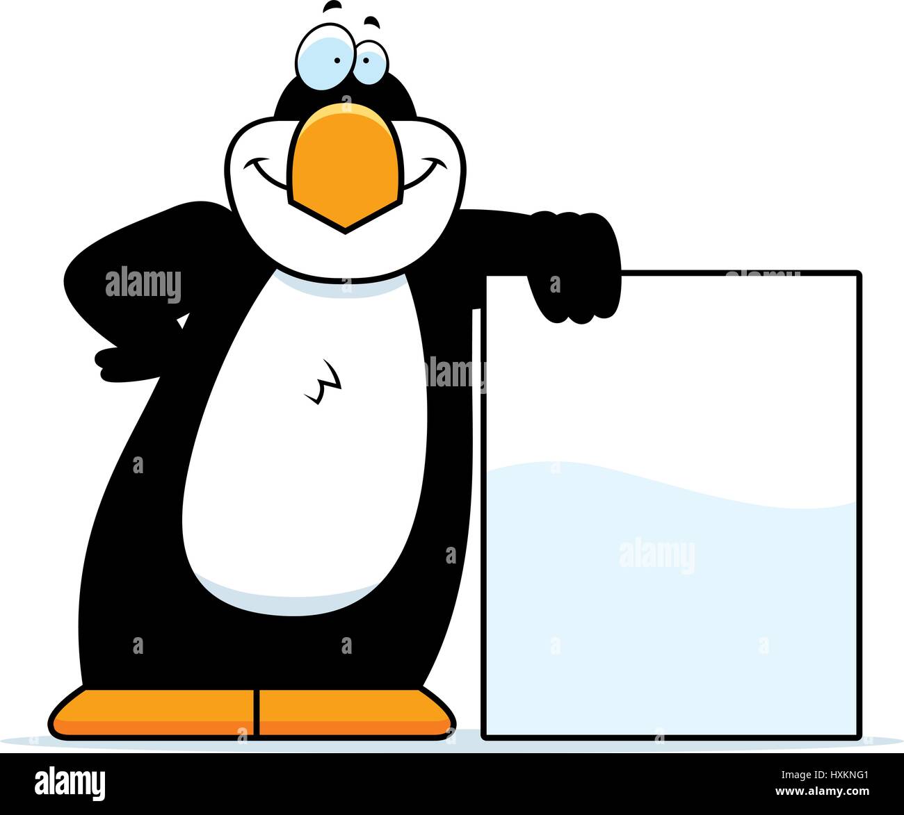 A cartoon illustration of a penguin leaning against a sign Stock Vector ...