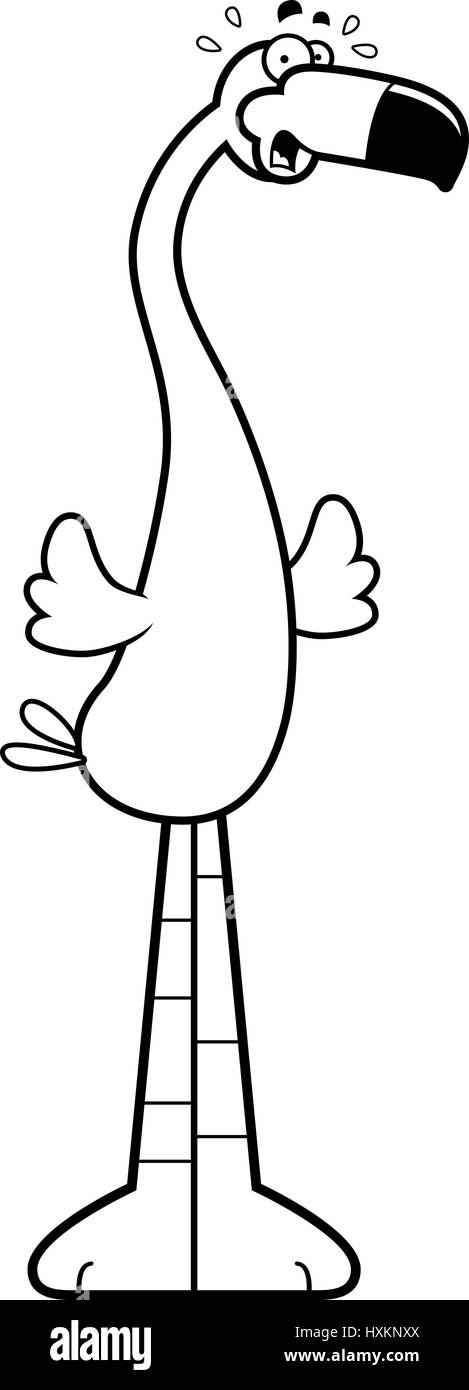 A cartoon line art illustration of a flamingo with a scared expression ...