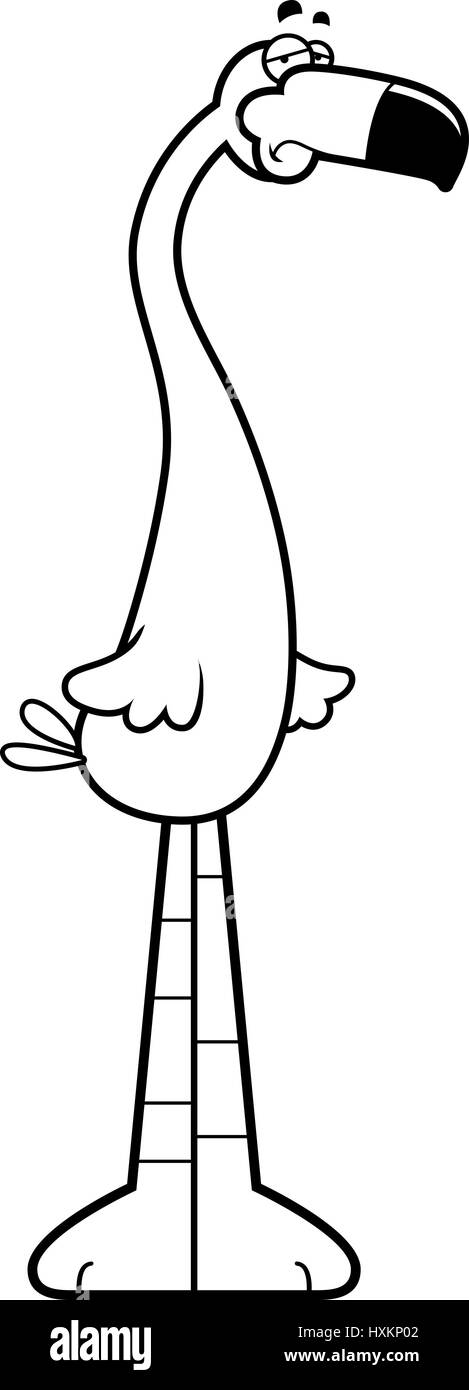 A cartoon line art illustration of a flamingo with a sad expression ...