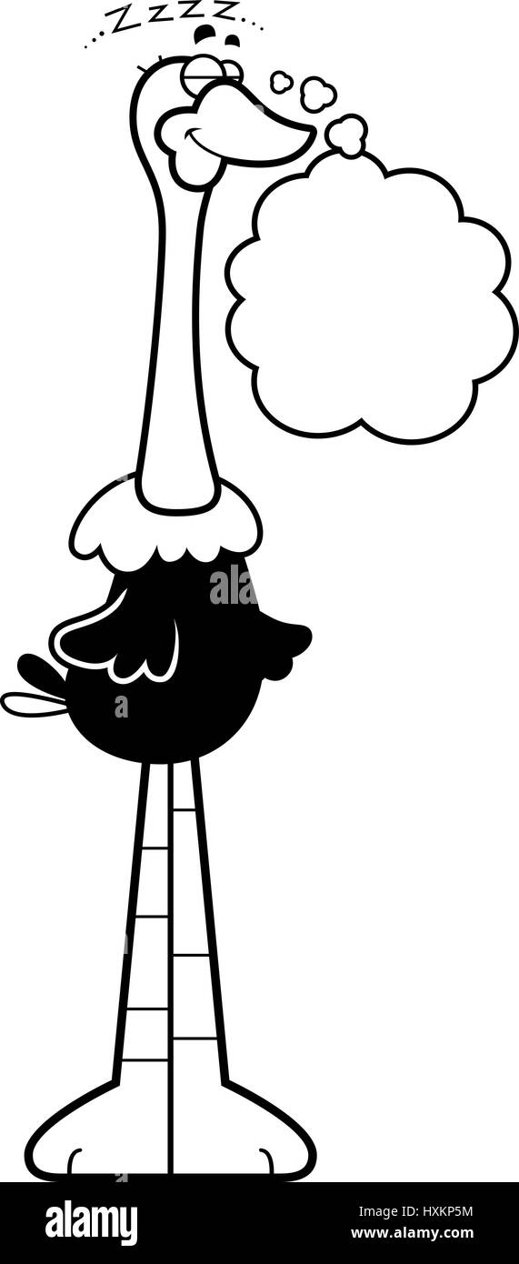 A cartoon line art illustration of an ostrich sleeping and dreaming ...