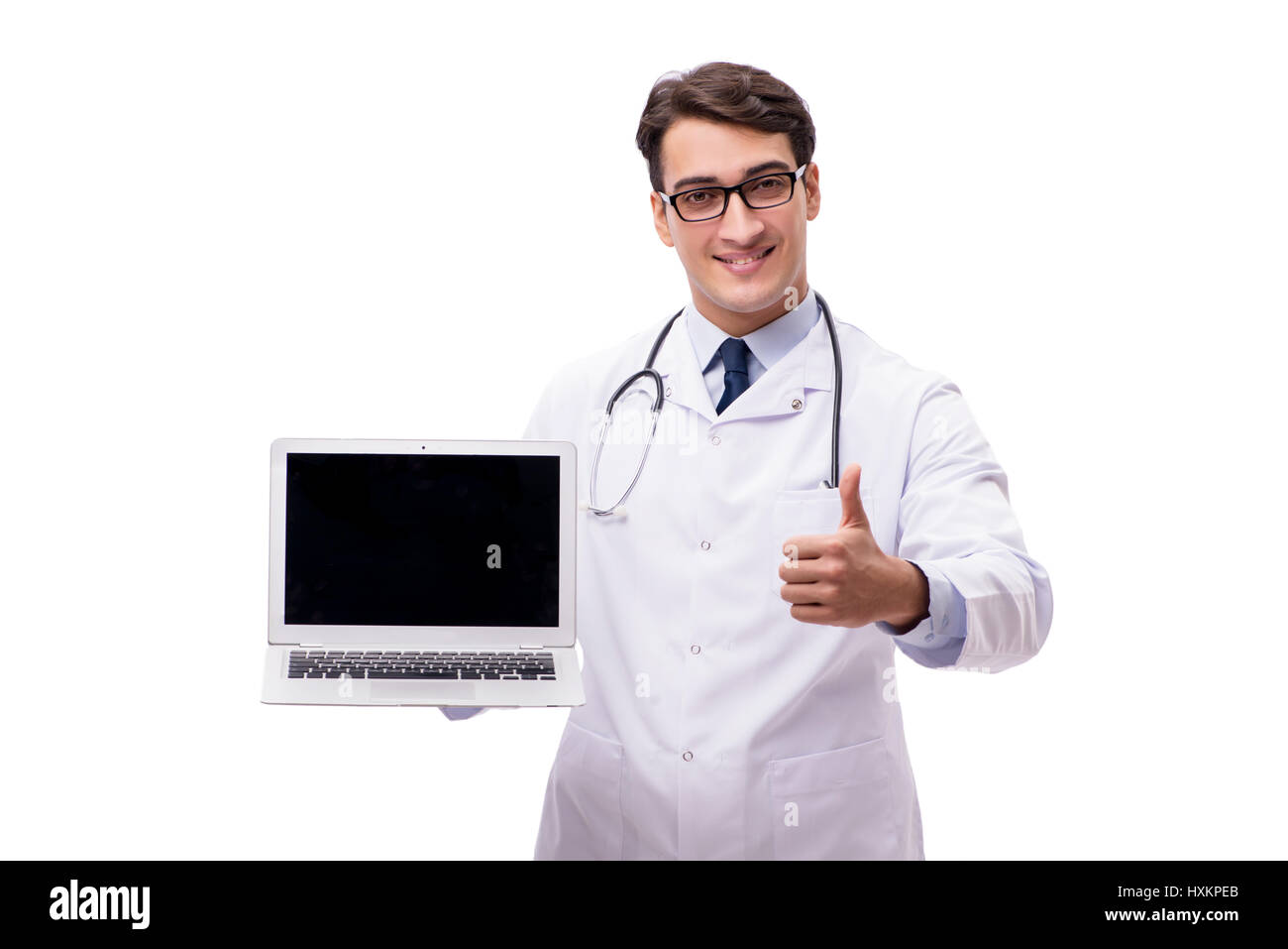Doctor with laptop isolated on white background Stock Photo - Alamy