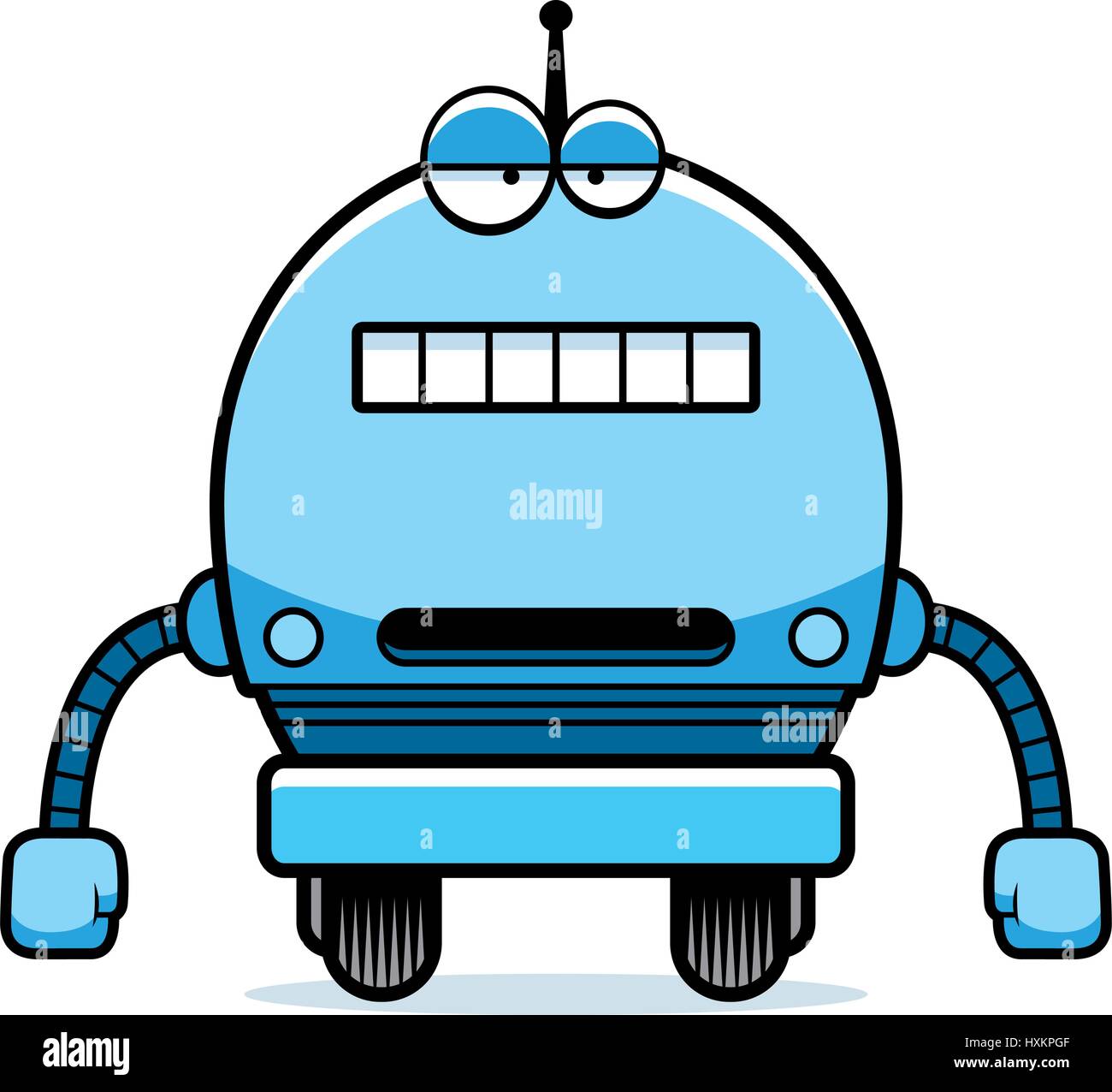 A cartoon illustration of a male blue robot with an unemotional ...