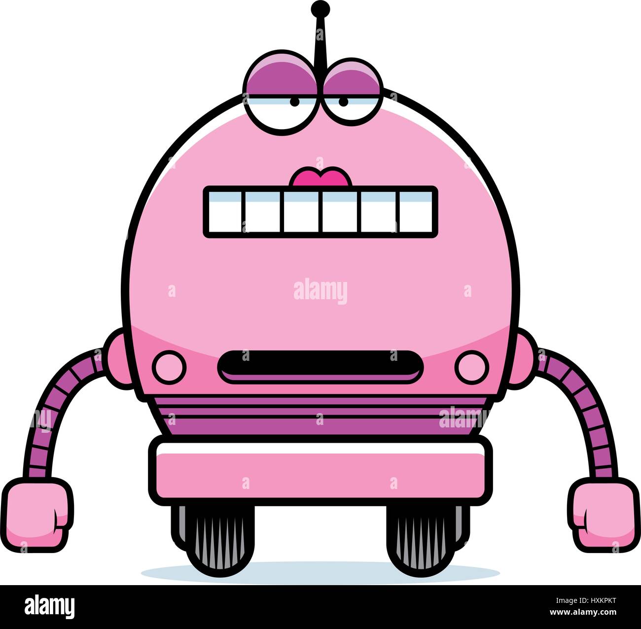 A cartoon illustration of a female pink robot with an unemotional ...