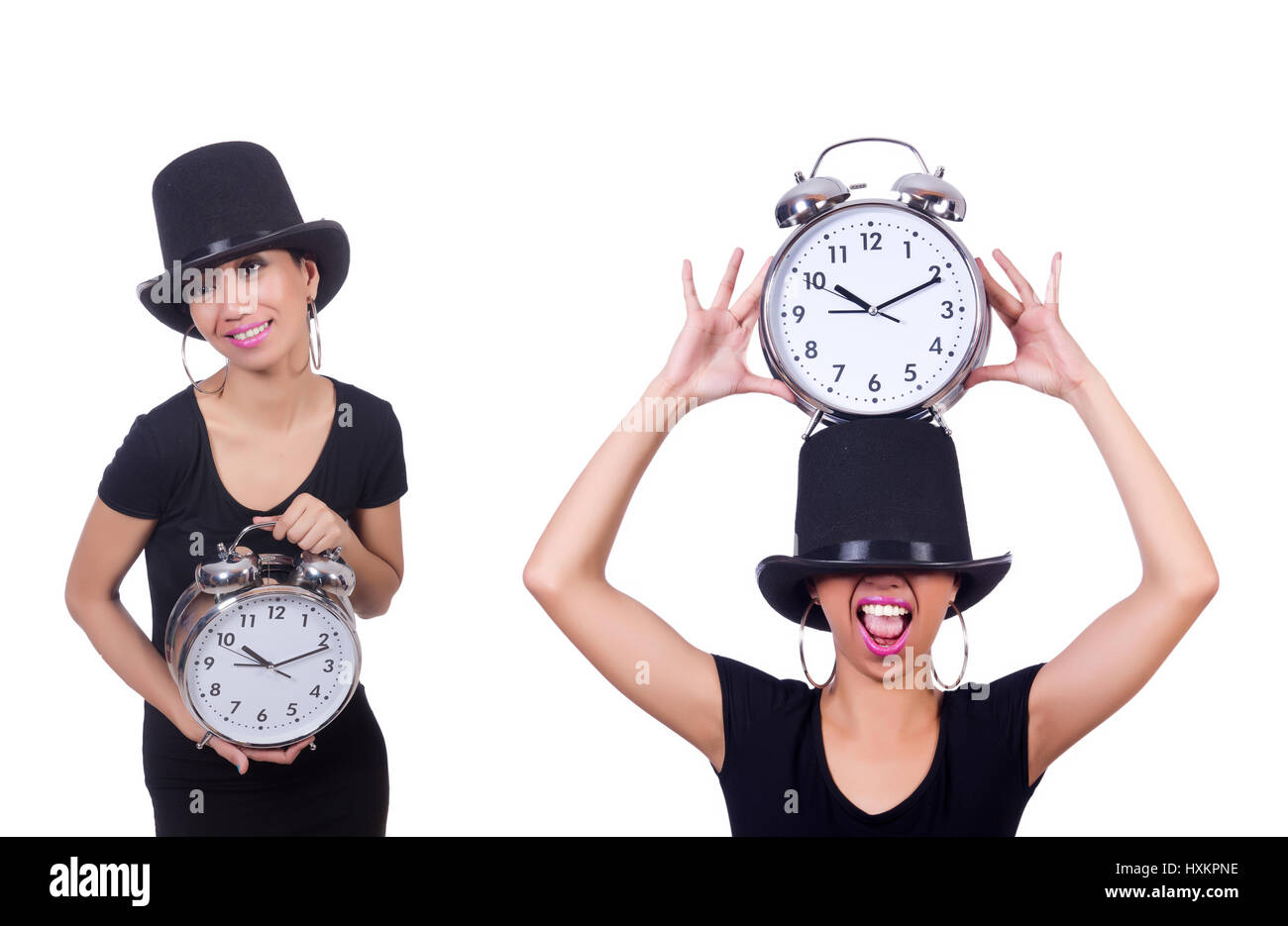 Young woman with clock isolated on white Stock Photo - Alamy