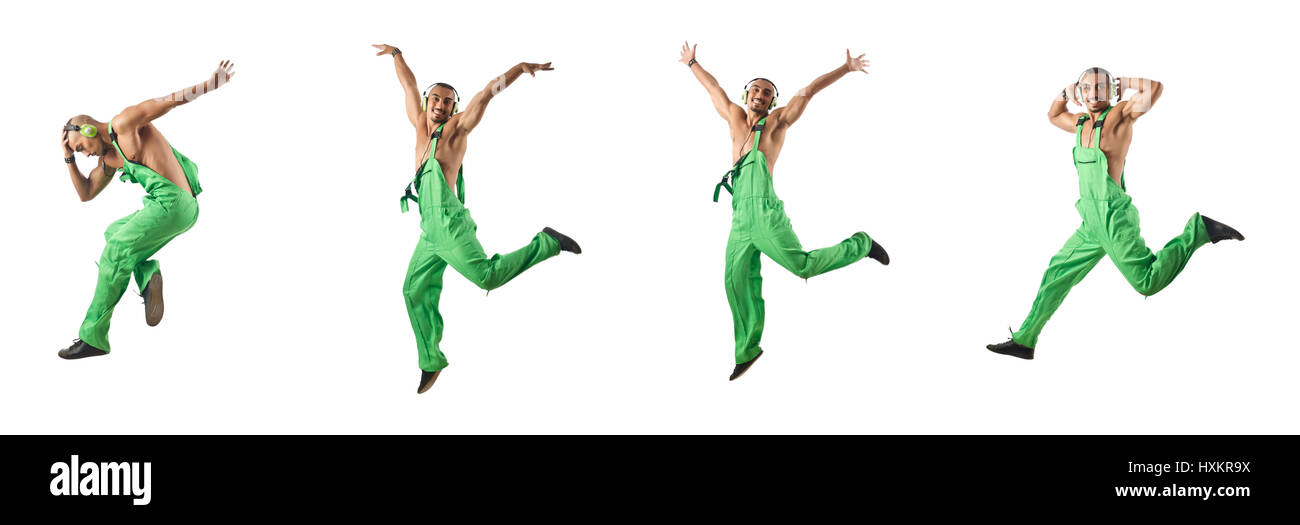 Construction worker jumping and dancing Stock Photo - Alamy