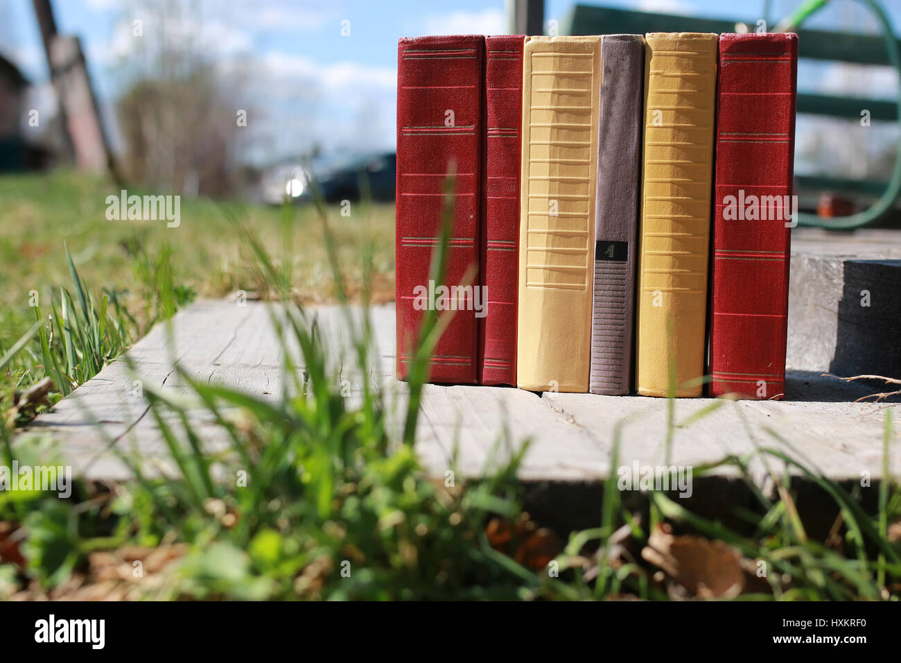 books standing on a table Stock Photo - Alamy