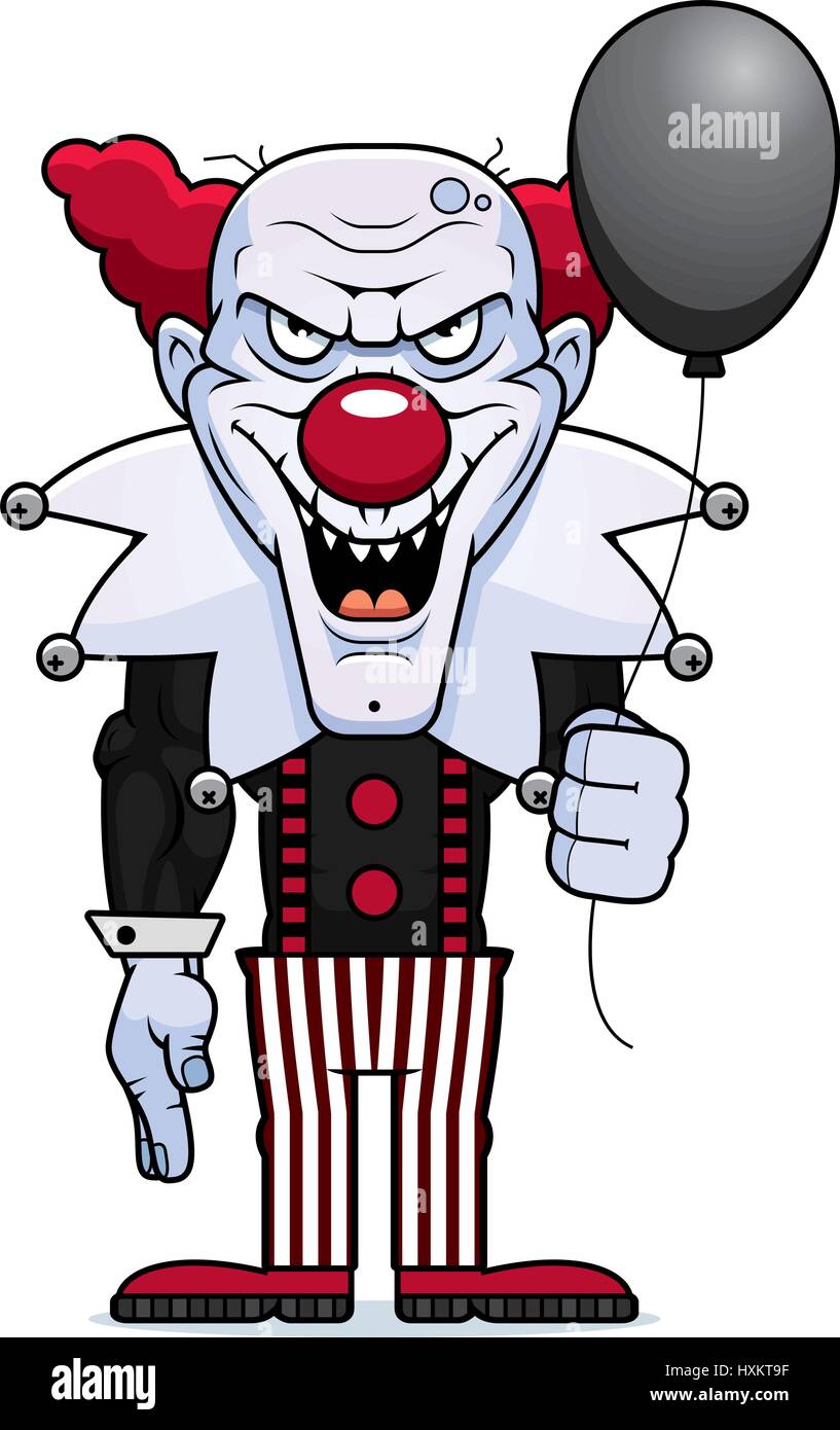 A cartoon illustration of an evil looking clown with a balloon Stock ...