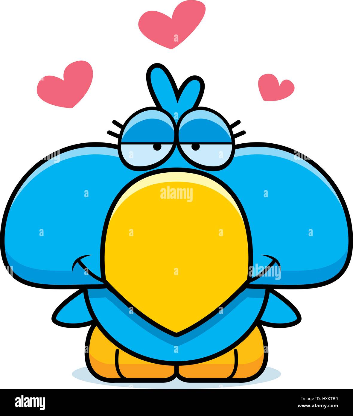 A cartoon illustration of a little blue bird with an in love expression ...