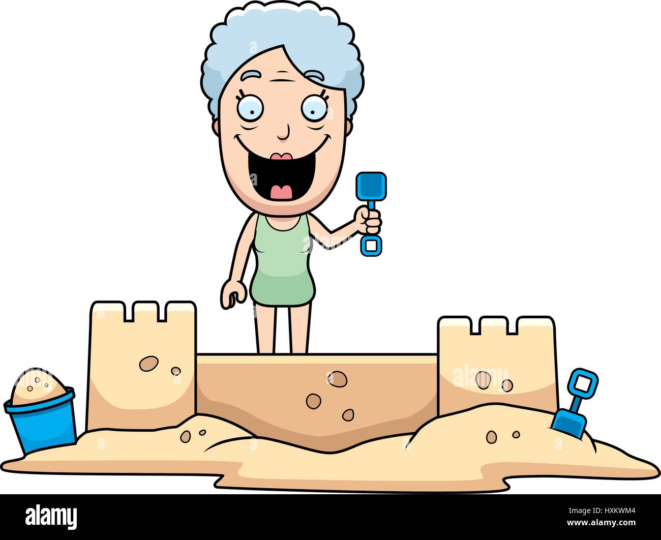 A cartoon illustration of a woman building a sandcastle Stock Vector ...