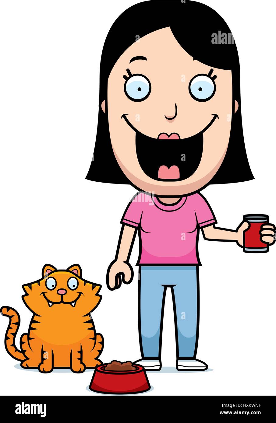 A Happy Cartoon Woman Feeding The Cat Stock Vector Image And Art Alamy