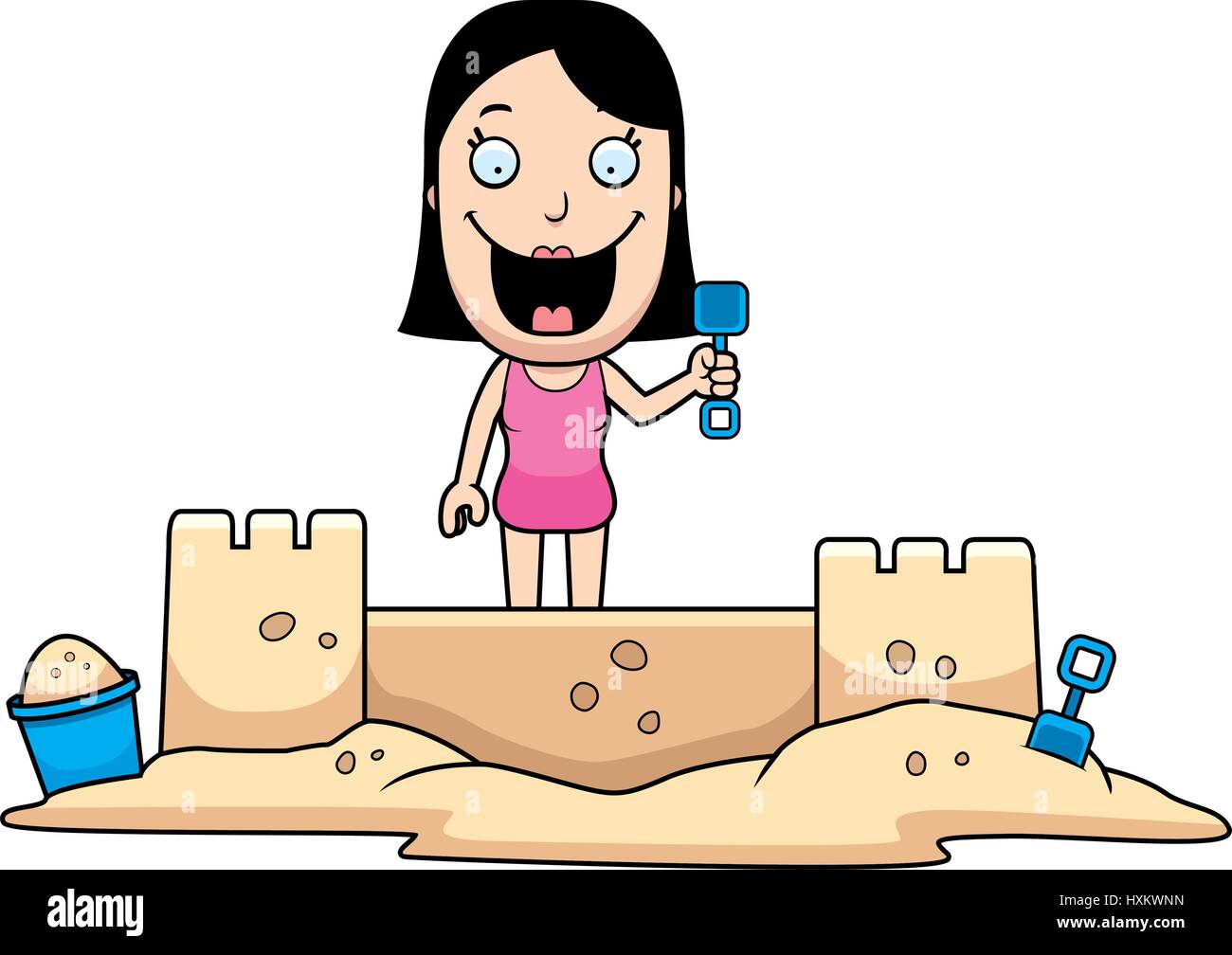 A cartoon illustration of a woman building a sandcastle Stock Vector ...