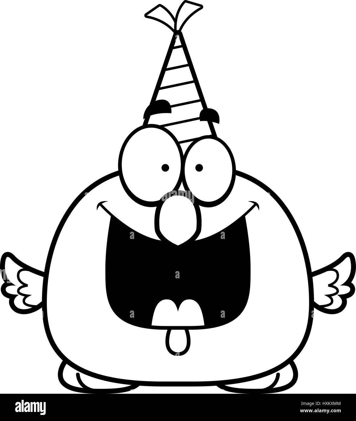 A cartoon illustration of a chicken with a party hat looking happy ...