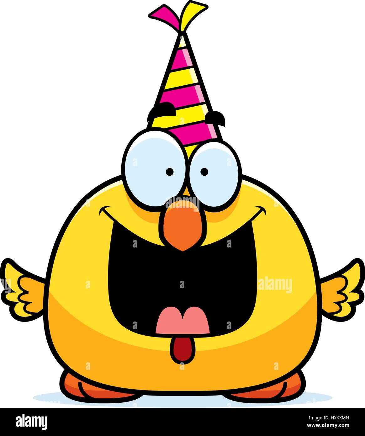 A cartoon illustration of a chicken with a party hat looking happy ...