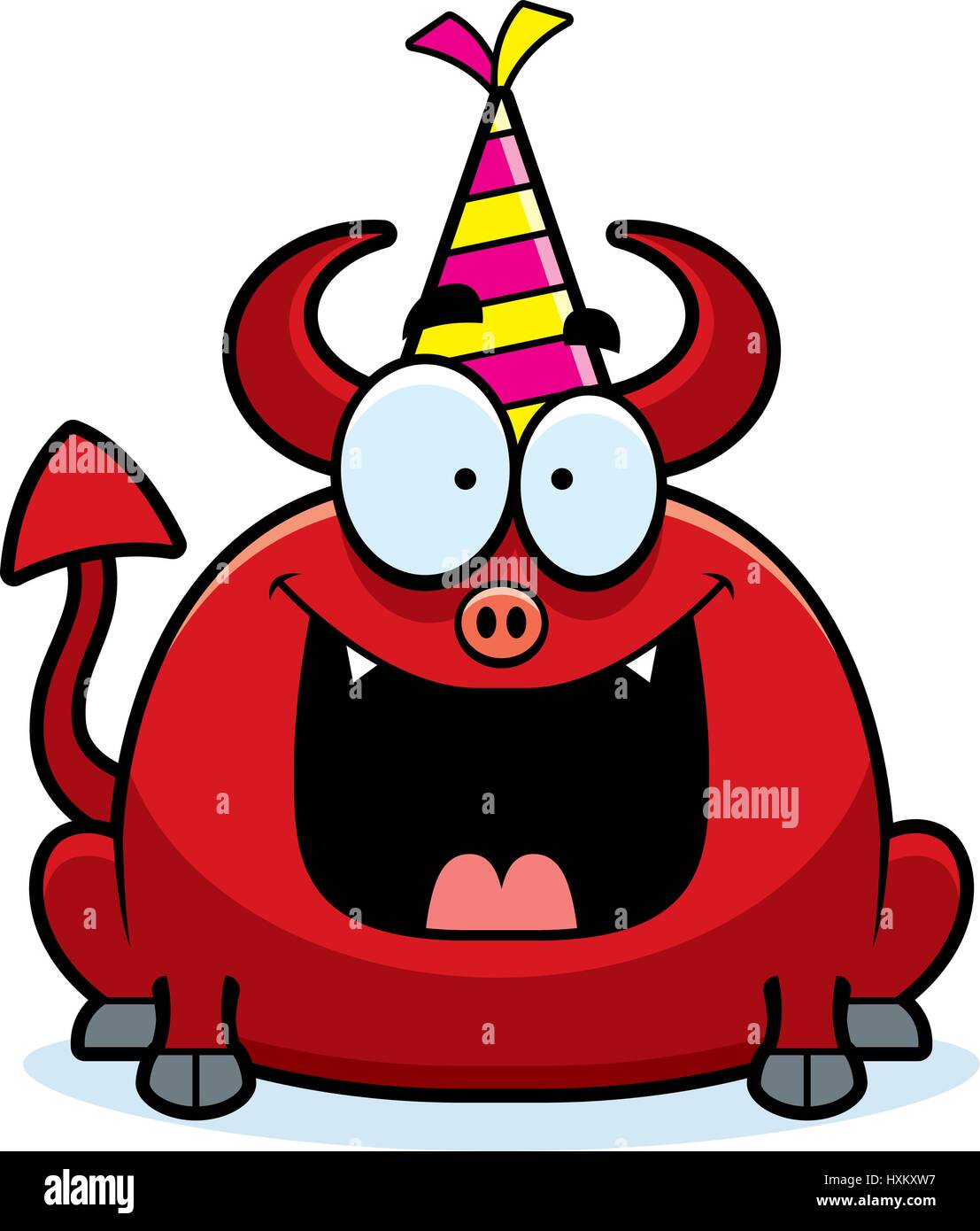 A cartoon illustration of a little devil with a party hat looking happy ...