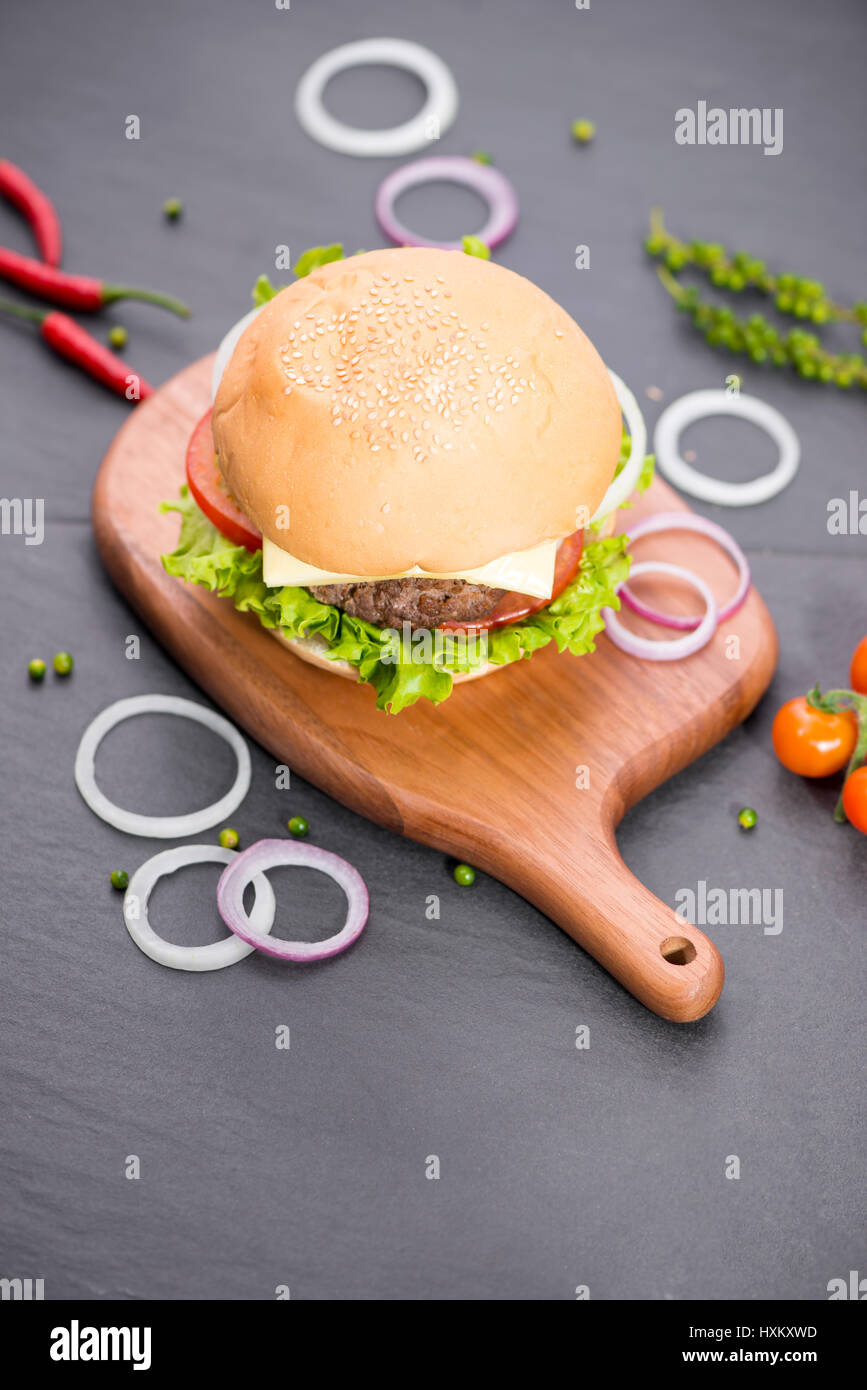 Homemade burger on table. Top view, copy space, horizontal Stock Photo ...