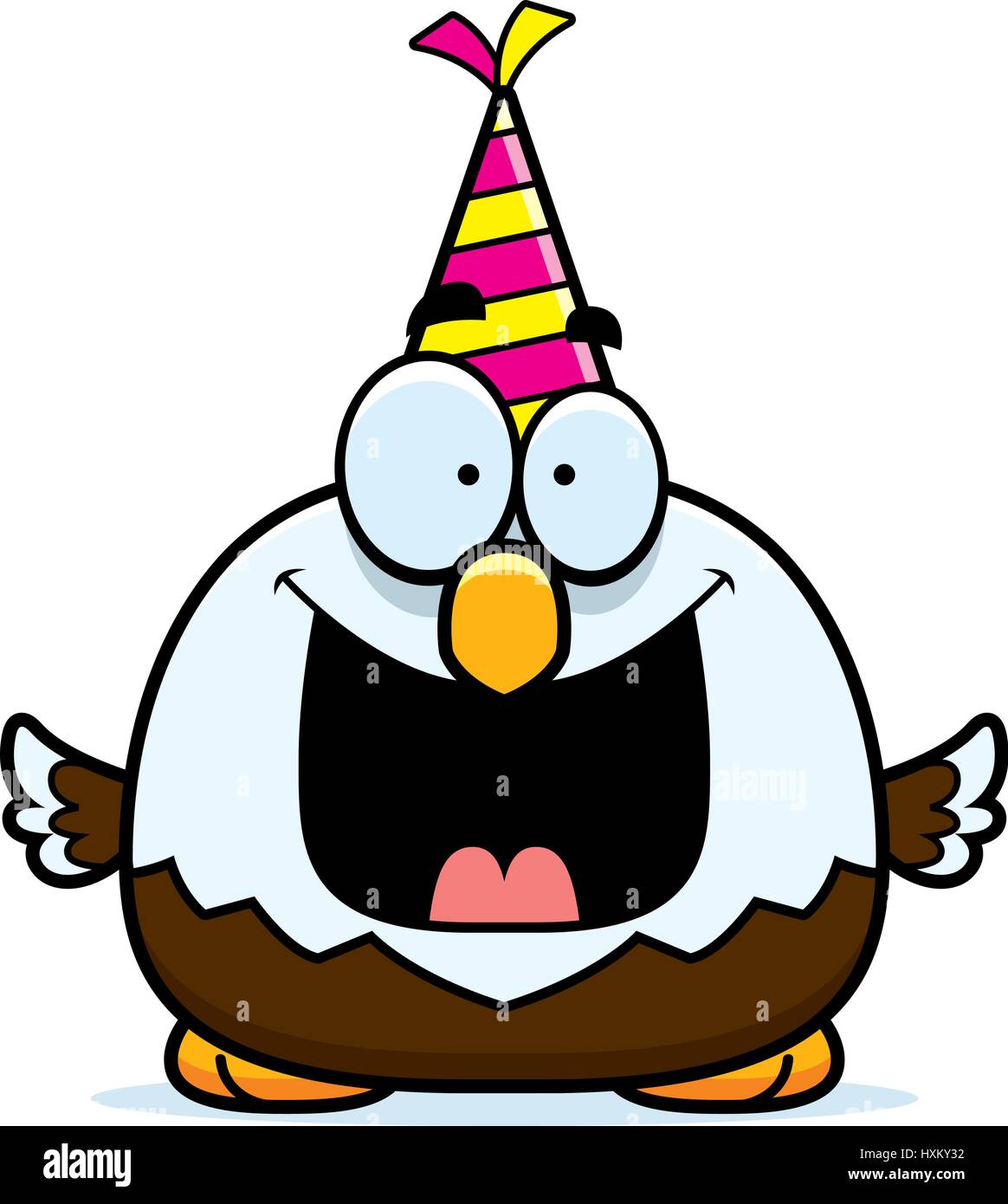A cartoon illustration of a bald eagle with a party hat looking happy ...