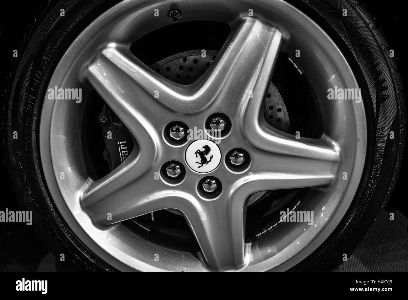 Front brake system of the sports car Ferrari 512 TR, 1994. Black and ...