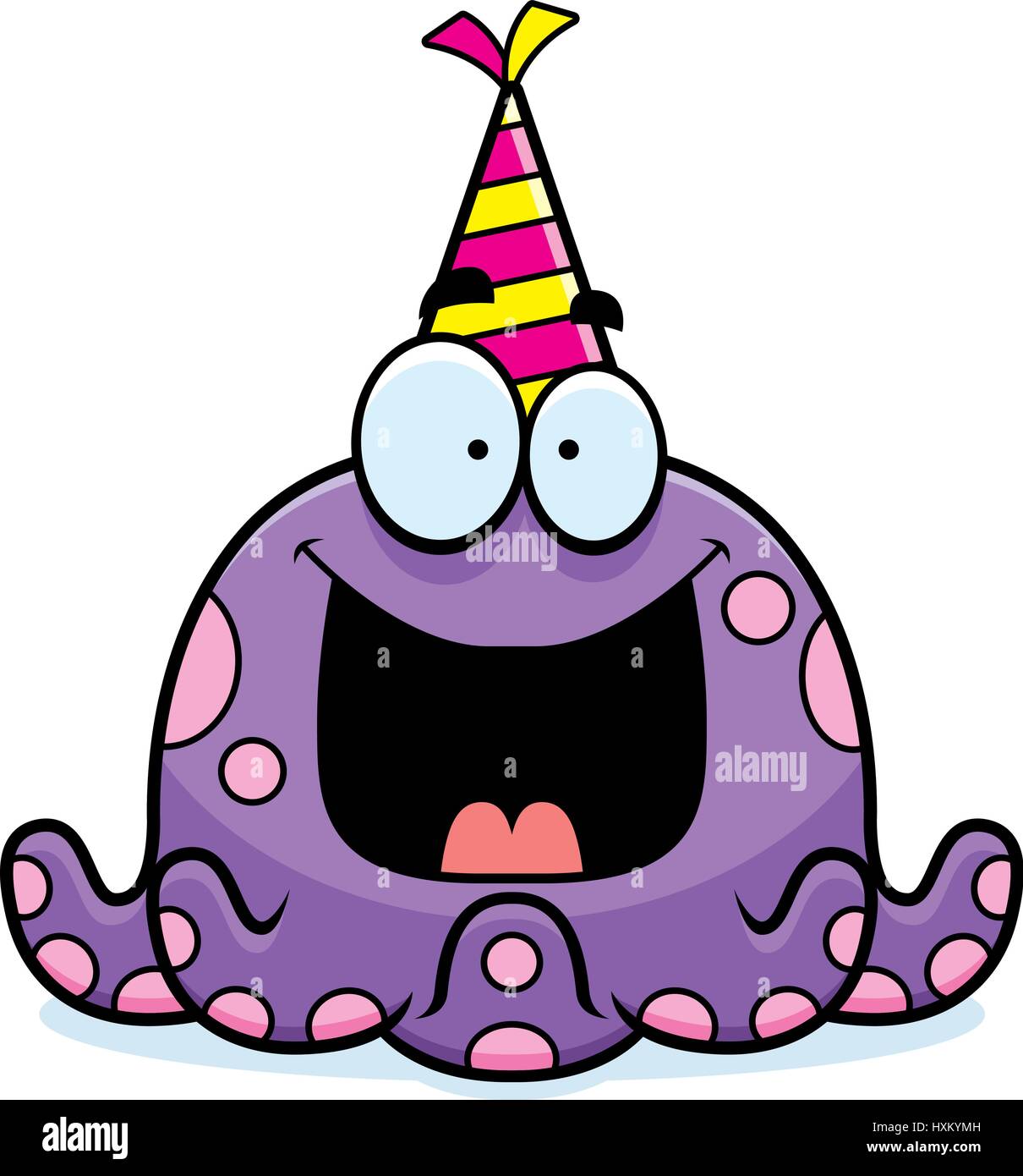 A cartoon illustration of an octopus with a party hat looking happy ...