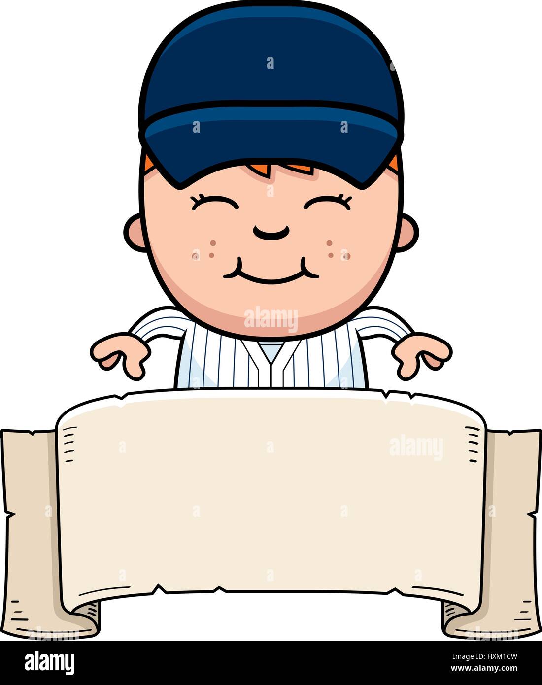 A cartoon illustration of a boy baseball player with a banner Stock ...