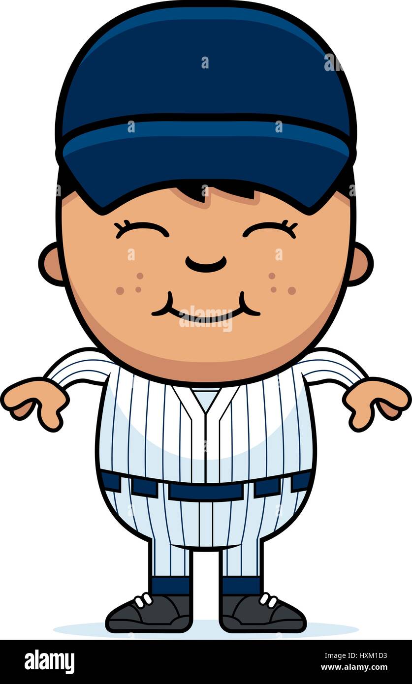 A cartoon illustration of a boy baseball player standing and smiling ...