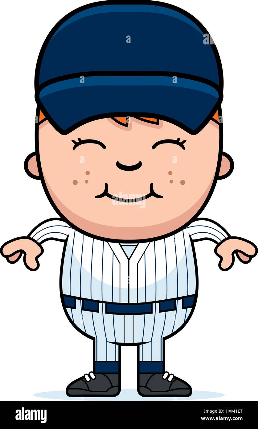 A cartoon illustration of a boy baseball player standing and smiling ...