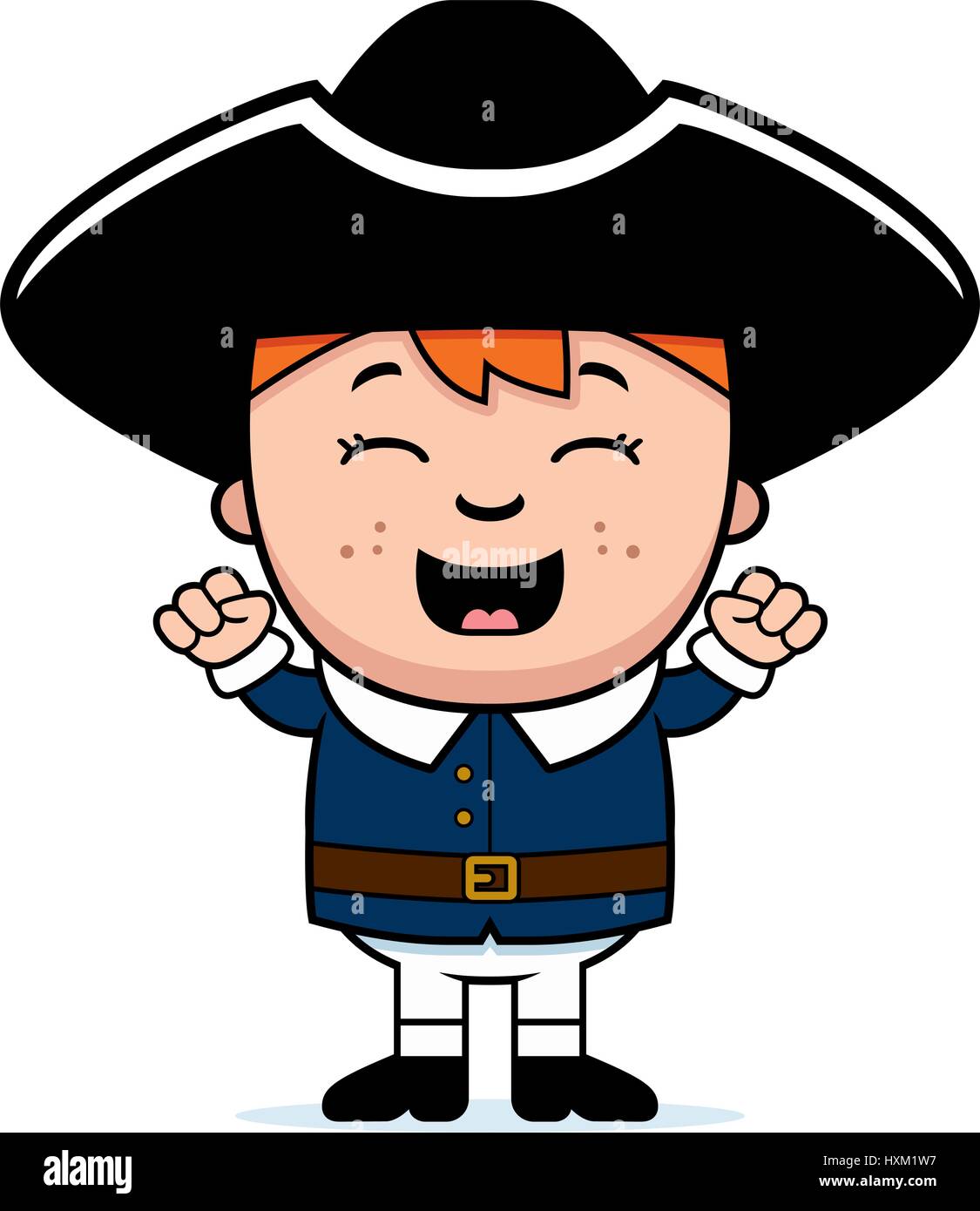 A cartoon illustration of a colonial girl with an excited expression ...