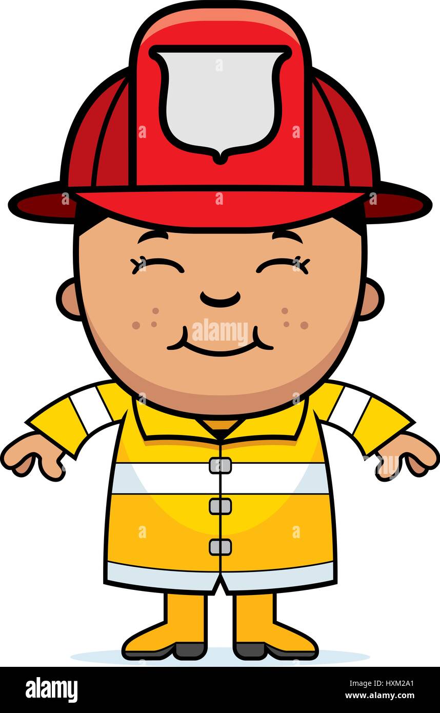 A cartoon illustration of a firefighter boy standing and smiling Stock ...