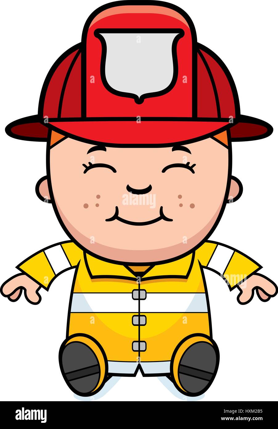 A cartoon illustration of a firefighter boy sitting and smiling Stock ...