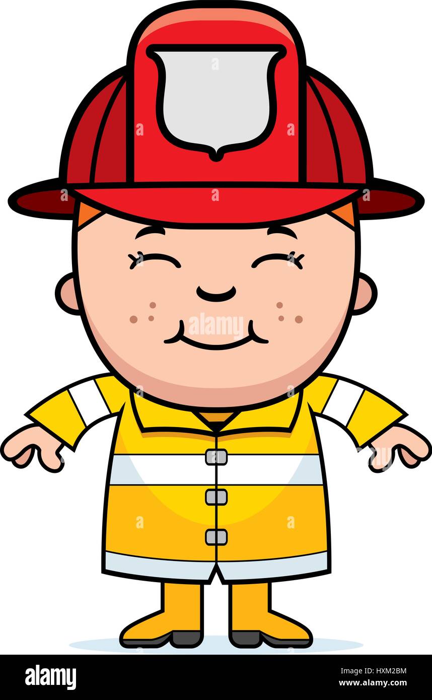A cartoon illustration of a firefighter boy standing and smiling Stock ...