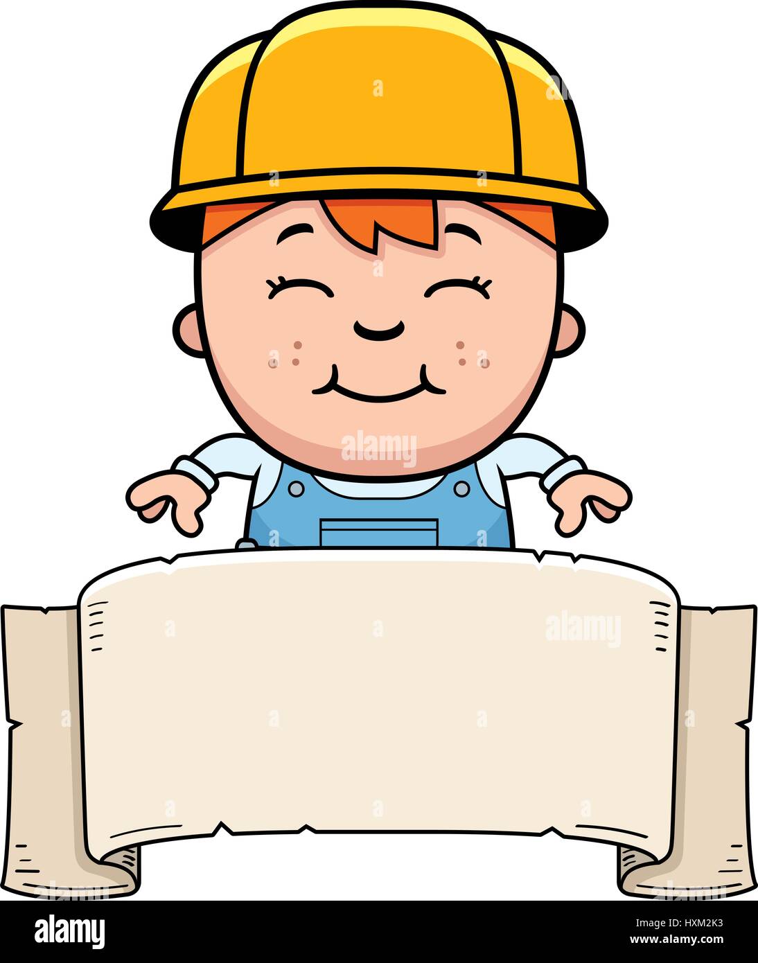 A cartoon illustration of a construction worker boy with a banner Stock ...