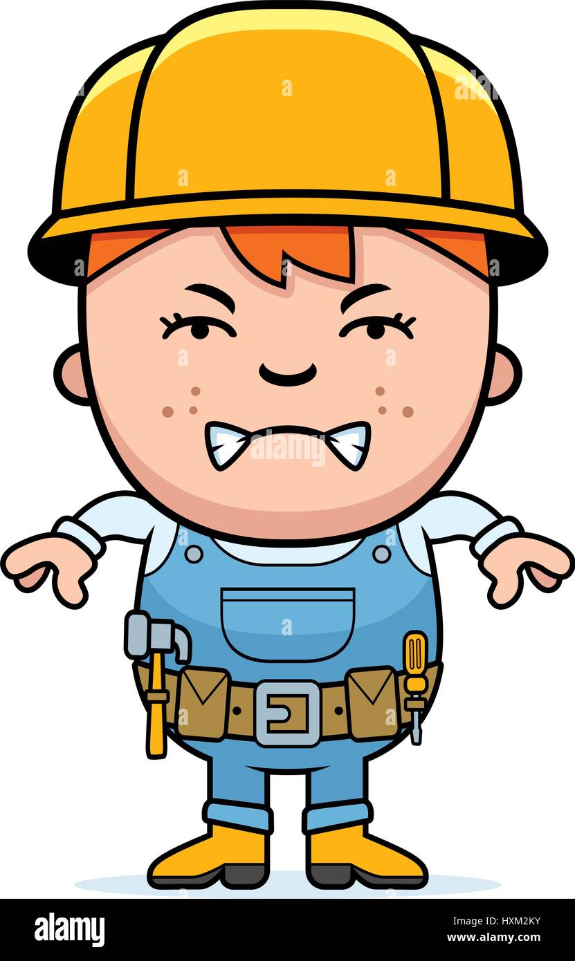 A cartoon illustration of a construction worker boy with an angry ...