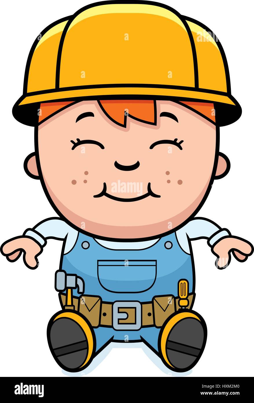 A cartoon illustration of a construction worker boy sitting and smiling ...